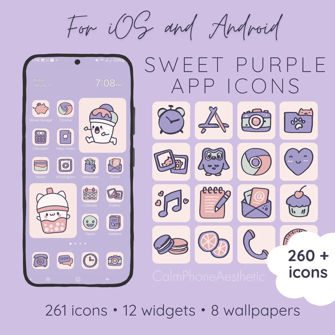 Sweet Purple Doodle App Icons: Ios + Android Home Screen (digital ...