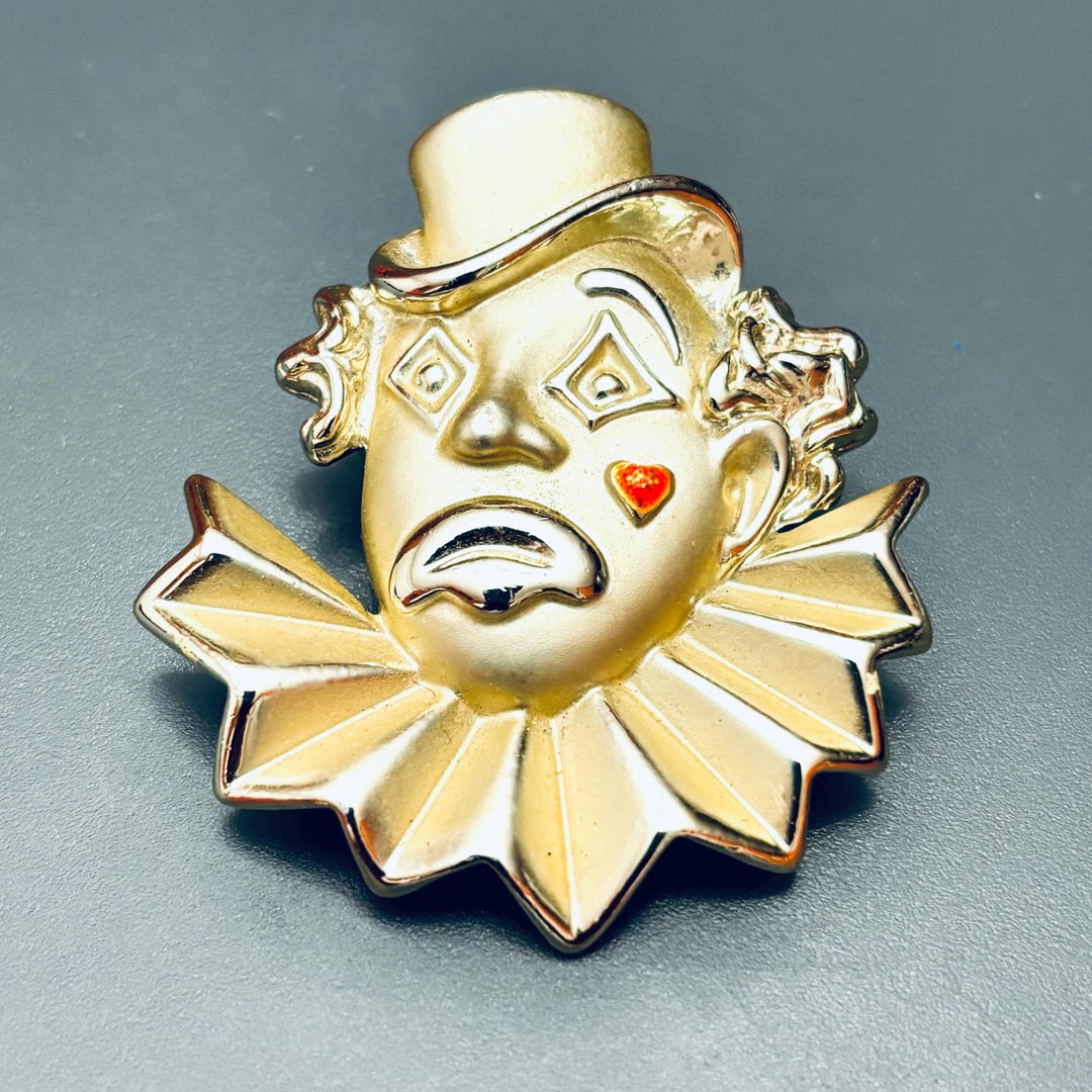 Vintage Brooch Pierrot Clown Sad Face Pin Brushed Gold Tone With Red ...