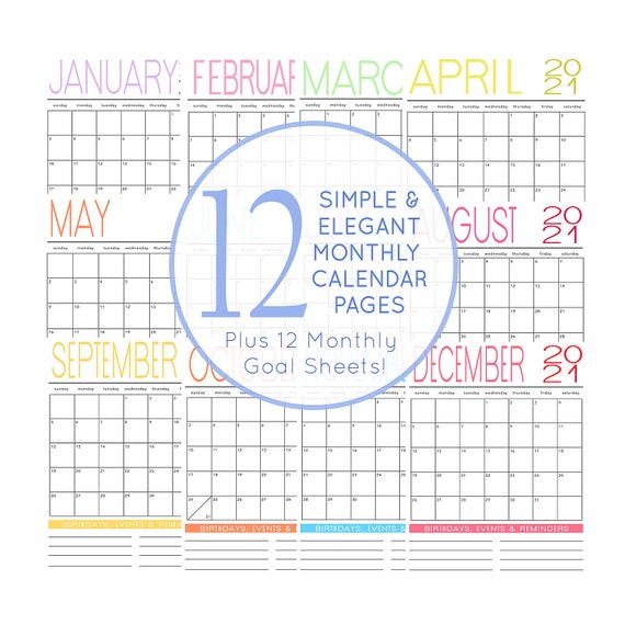 Printable Monthly Calendar Elegant Two Tone Ombre Color - Etsy