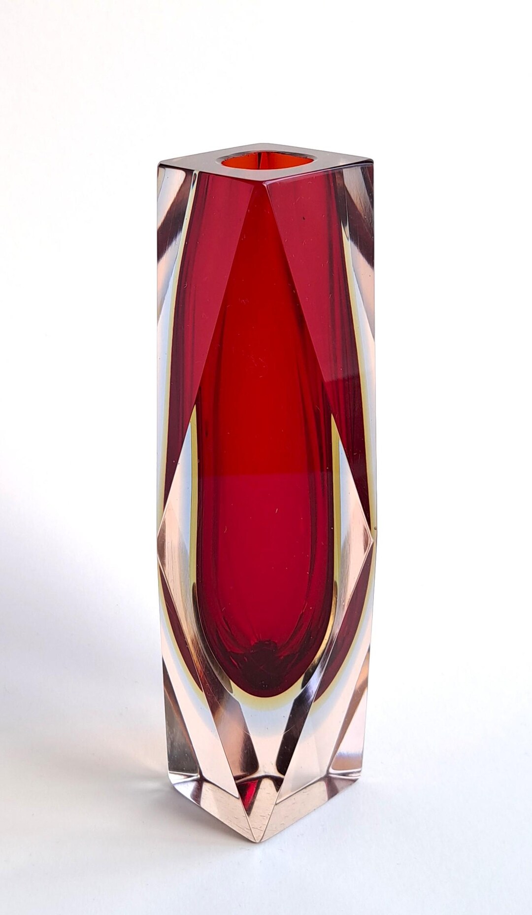 Vintage Murano Sommerso Vaas – Robijnrood & Amber – Gefacetteerd ...