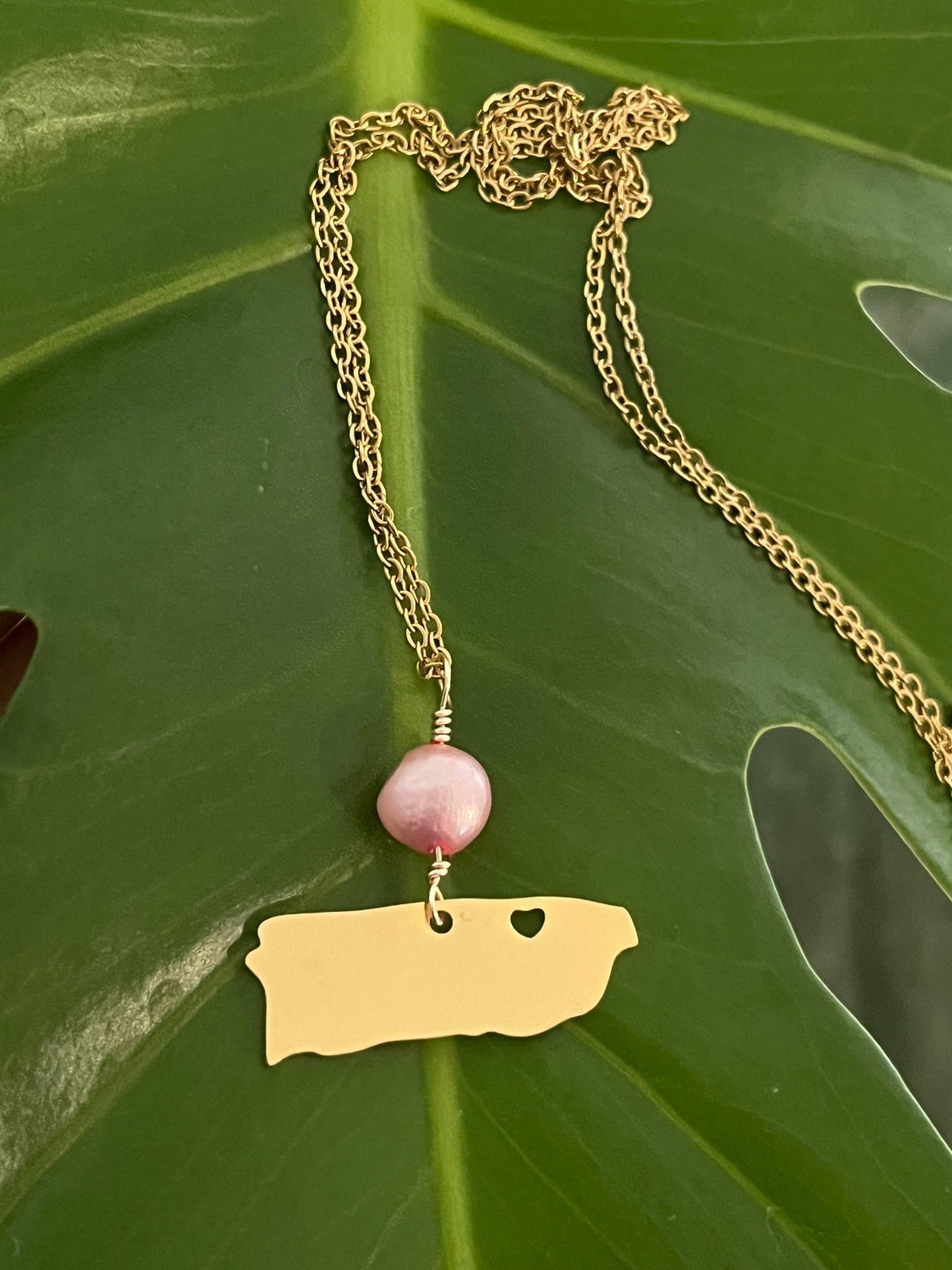 Puerto Rico Map Necklace: Stainless Steel With Pink Pearl - Etsy