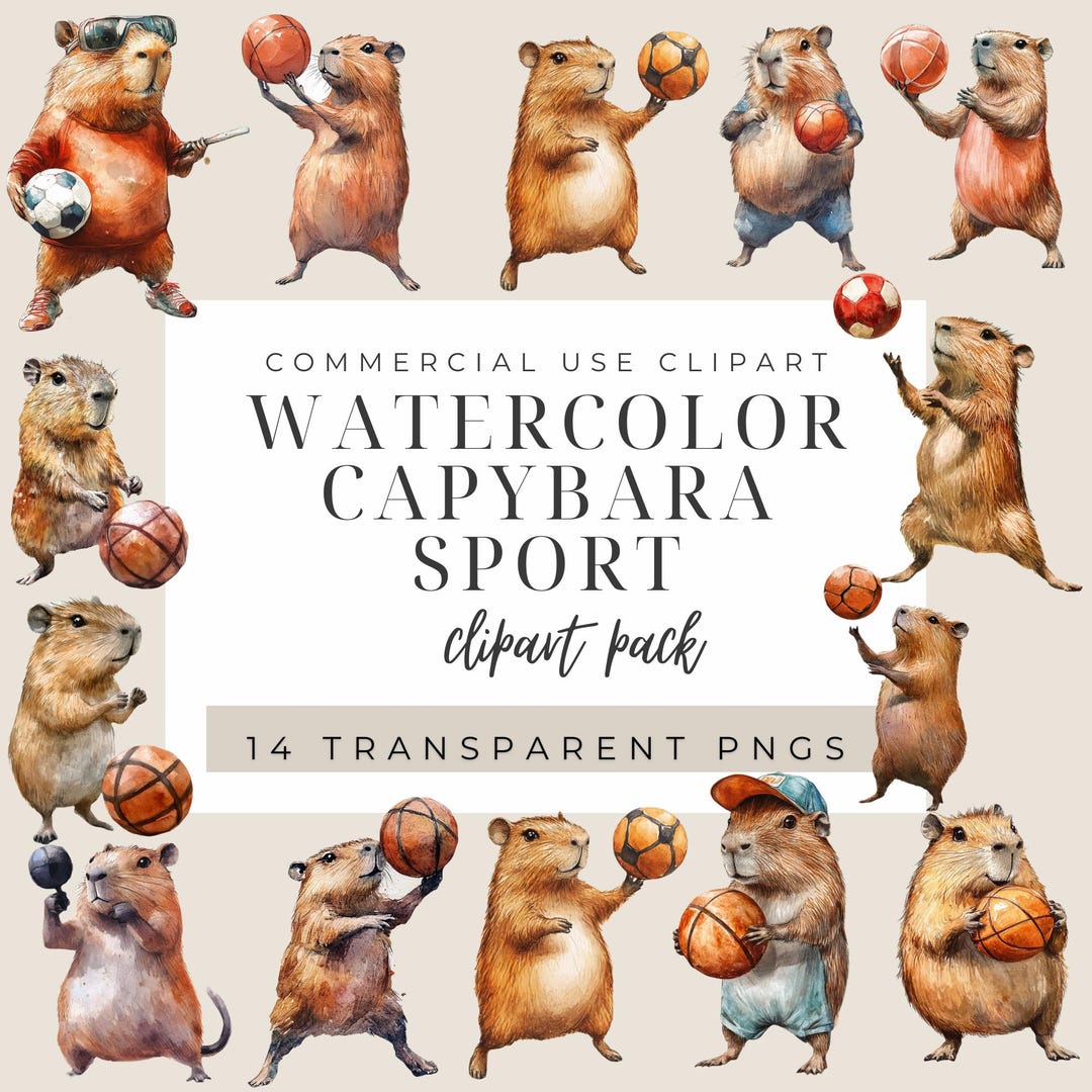 Watercolor Capybara Sports PNG Bundle - 14-pack Clipart for Crafts ...