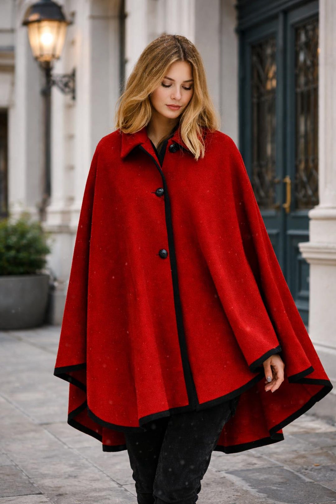 Handmade Red Wool Cape Coat, UNI Size Wool Poncho Cape, Black Trim ...
