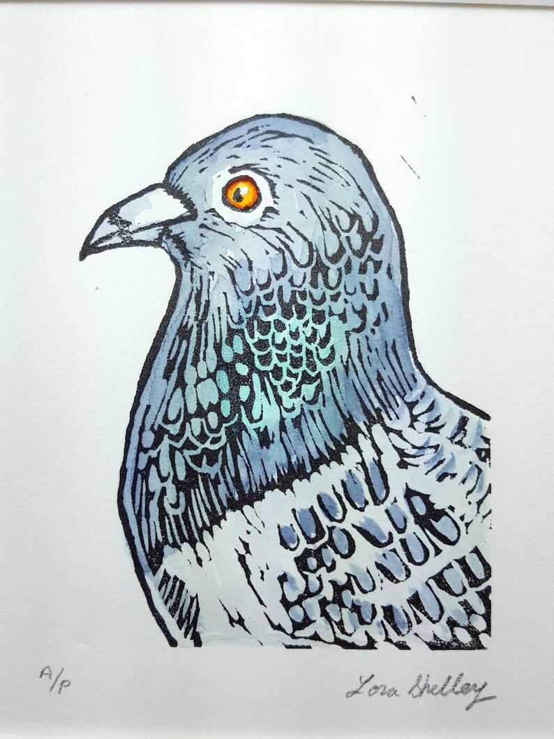 Pigeon Linocut With Watercolor Hand Pulled by Artist Lora Shelley - Etsy