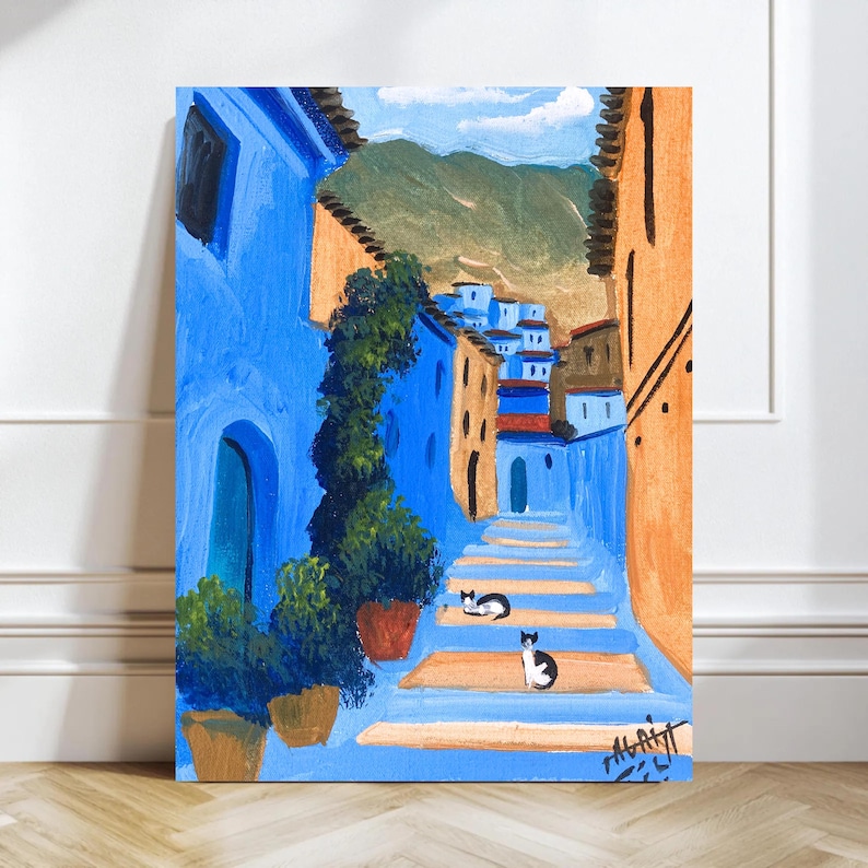Chefchaouen Street Scene Painting | Moroccan Art, Blue City - Etsy