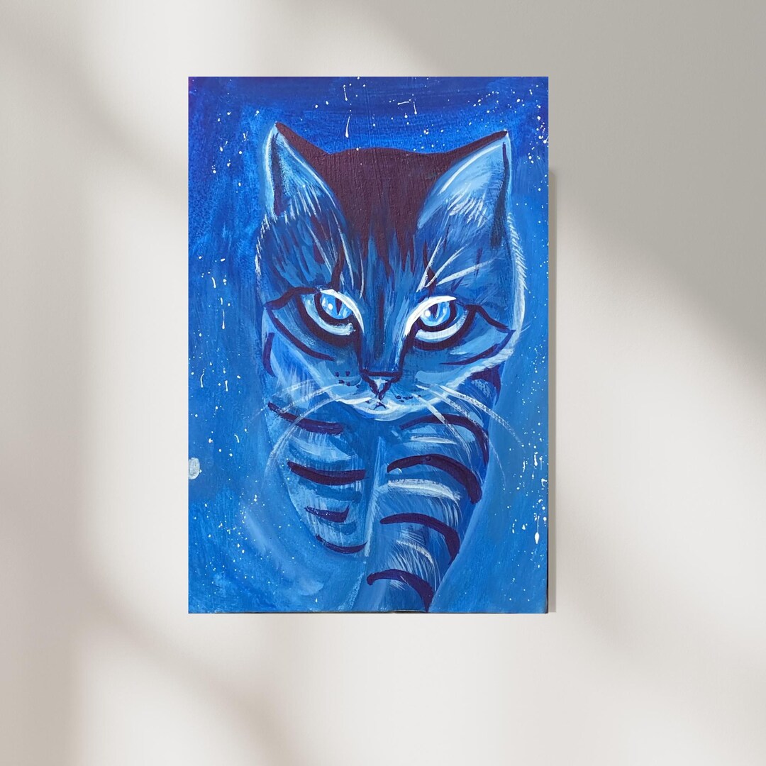 Starry Gaze: Blue Cat Artwork on Canvas - Etsy