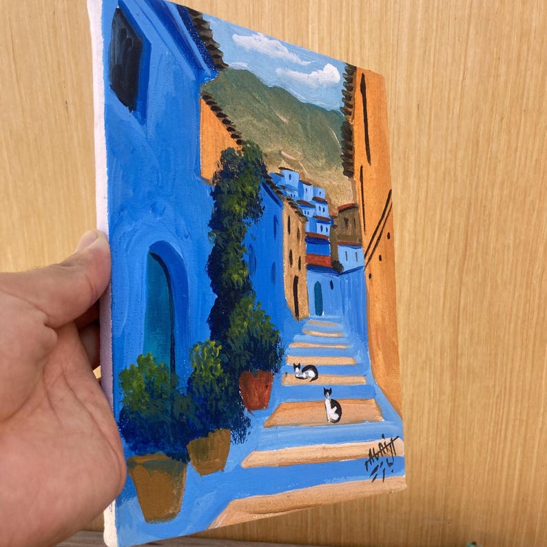 Chefchaouen Street Scene Painting | Moroccan Art, Blue City - Etsy