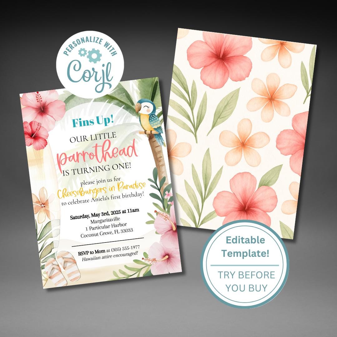 Jimmy Buffet Margaritaville Themed First Birthday Party 5x7" Invitation ...