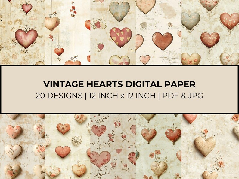 Vintage Hearts Digital Paper | Shabby Chic Scrapbook Backgrounds (PDF ...