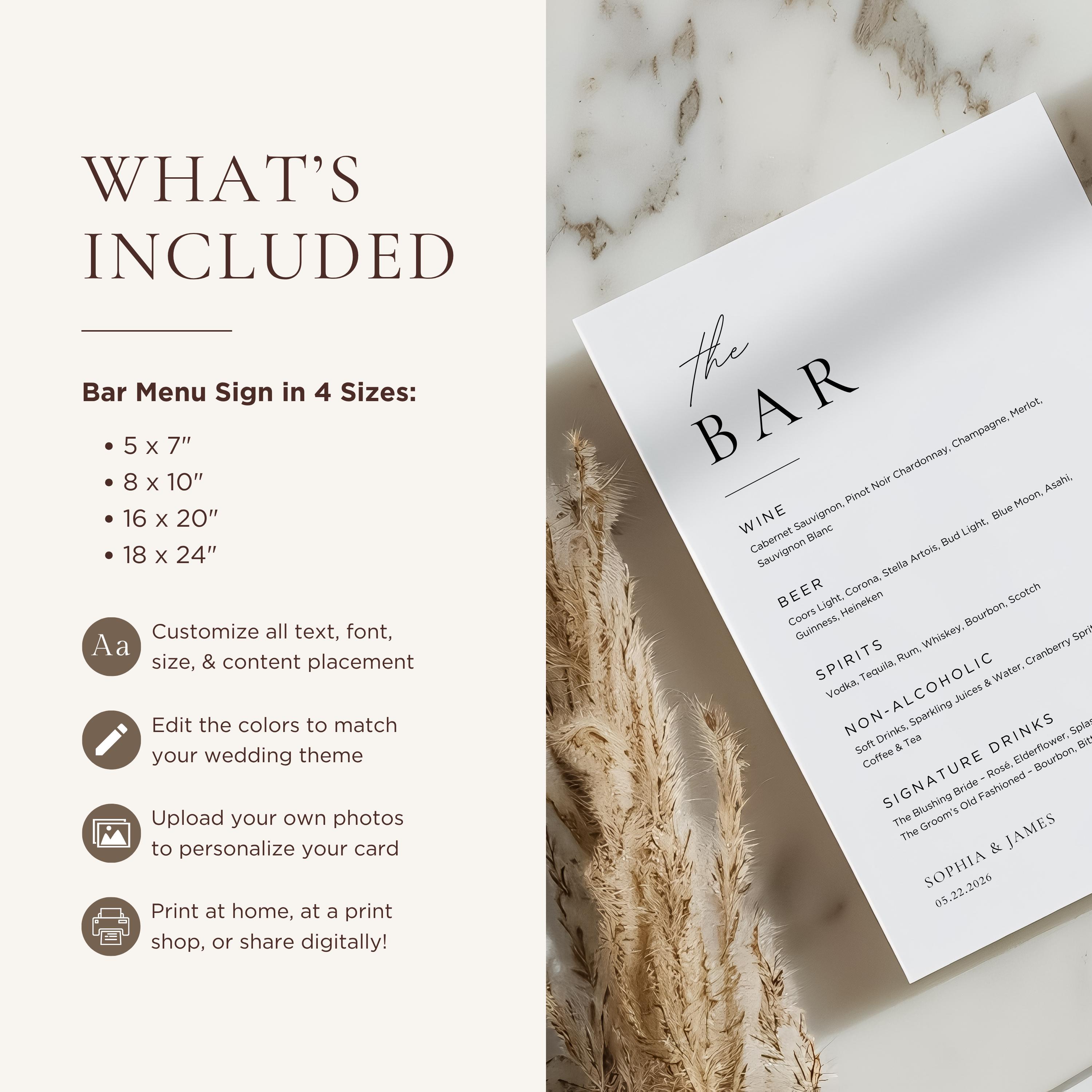 Wedding Bar Menu Sign | Editable Canva Template | Minimalist Bar Menu ...