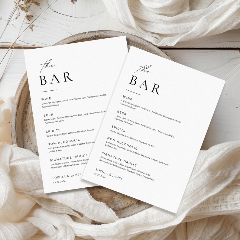 Wedding Bar Menu Sign | Editable Canva Template | Minimalist Bar Menu ...