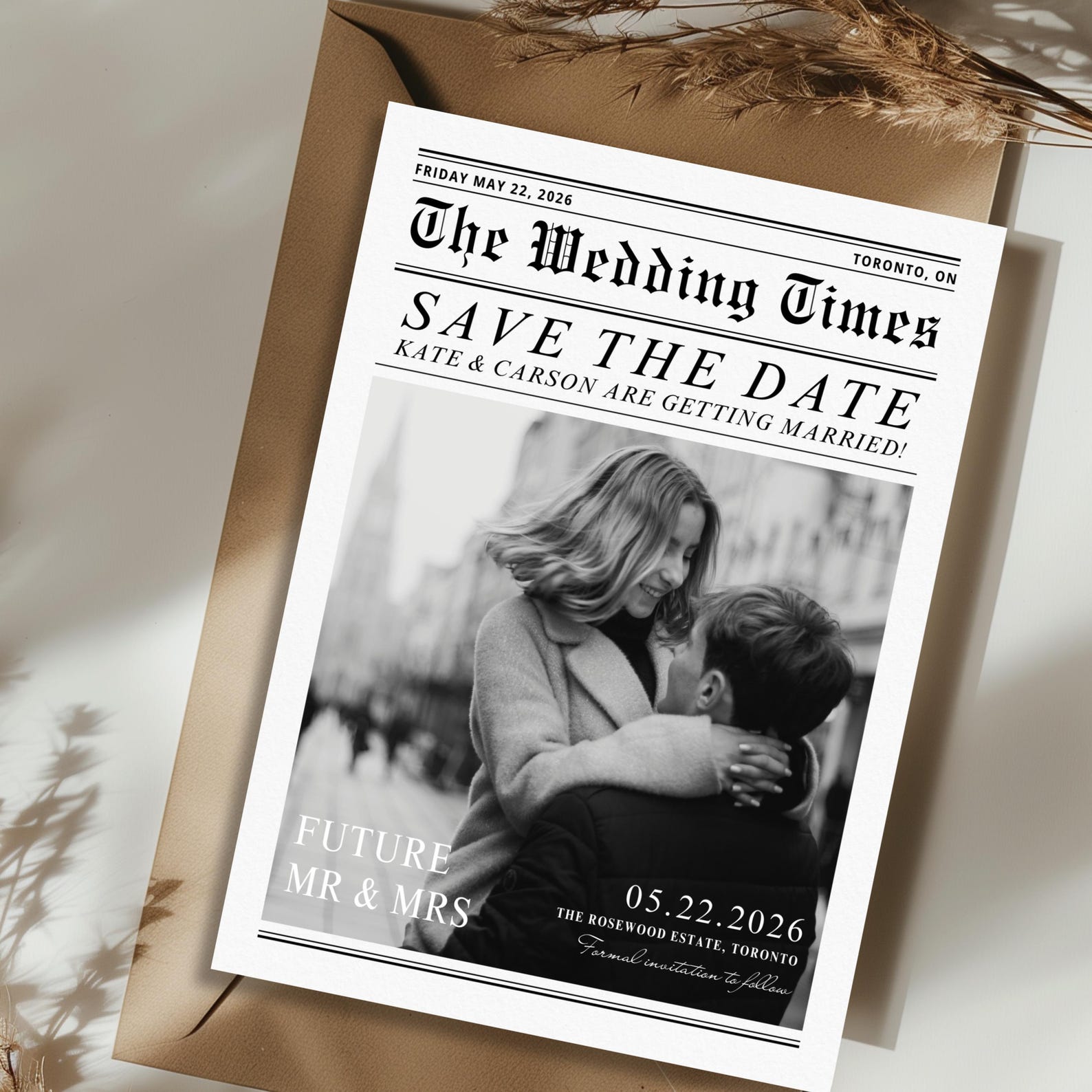 Save the Date Newspaper Card | Editable Canva Template | Newspaper ...