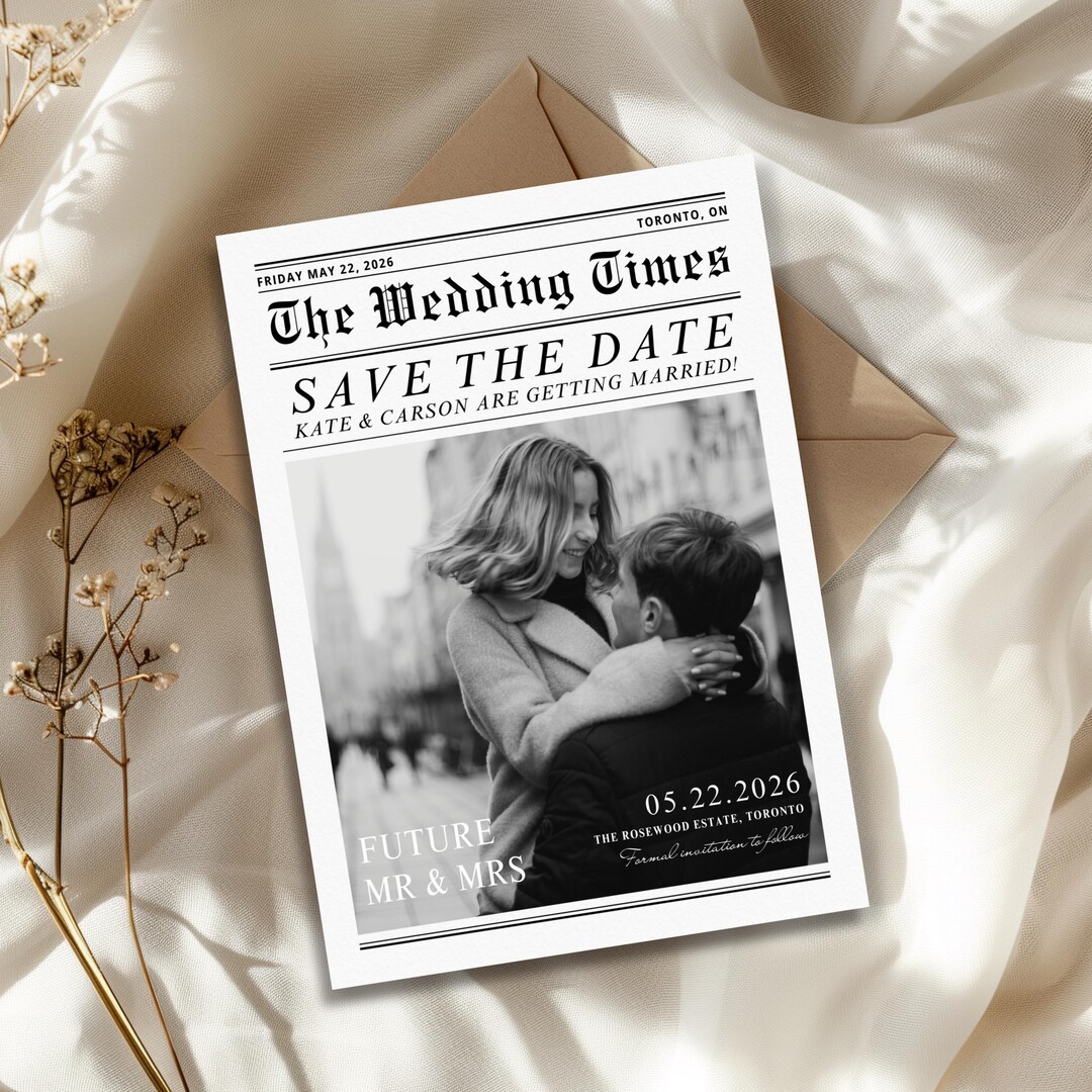 Save the Date Newspaper Card | Editable Canva Template | Newspaper ...