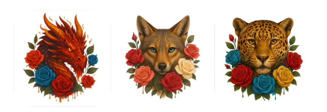 12 Predators Fantasy Animals With Roses | Lion Tiger Wolf Dragon ...