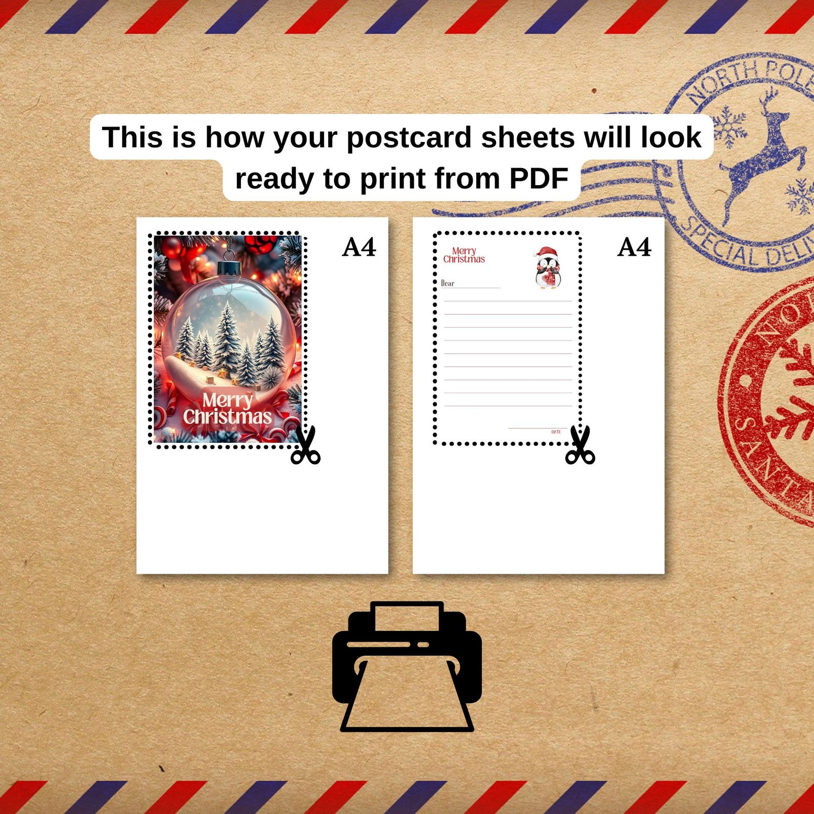 Christmas Postcards Set – Printable Double-sided Holiday Cards (5x7 PDF ...
