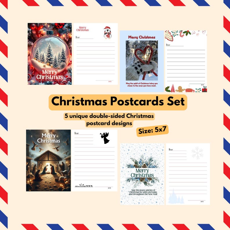 Christmas Postcards Set – Printable Double-sided Holiday Cards (5x7 PDF ...
