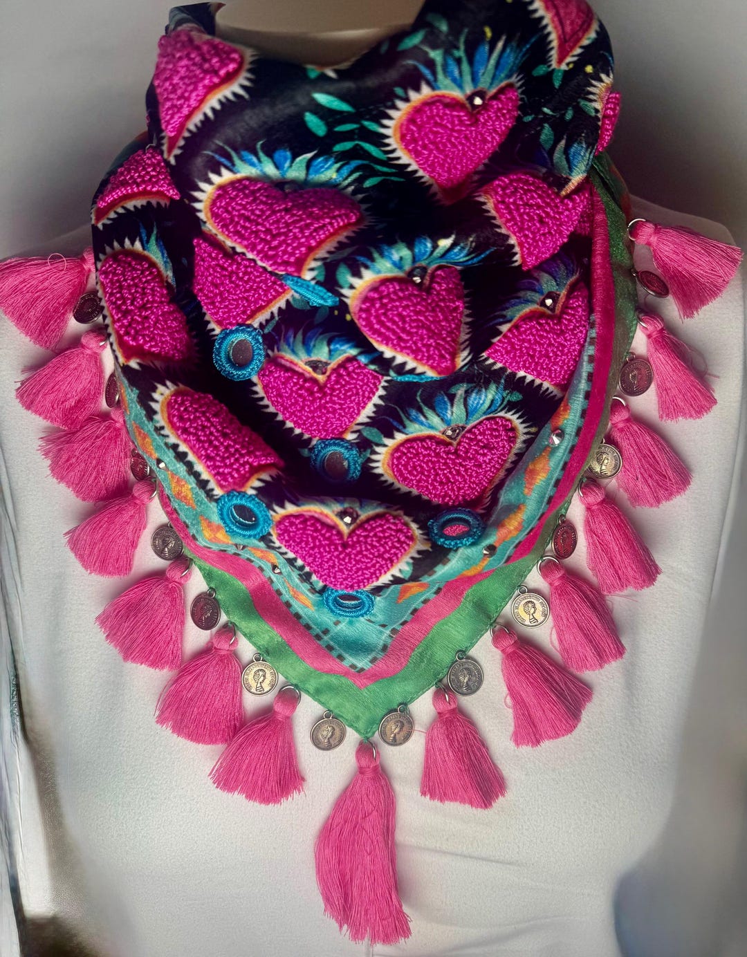 Pink Hearts on Fire Over Black/silk Scarves/ Embroidered Scarves ...