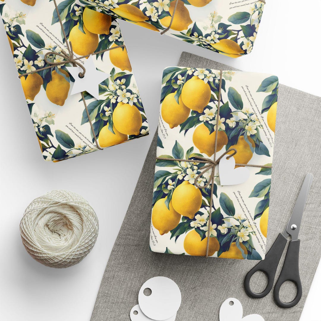 John 15:5 | Bright Lemon Tree Gift Wrap With Scripture | Matte or ...