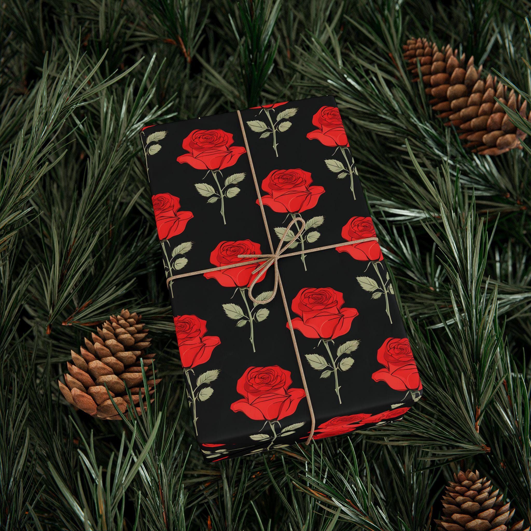 Elegant Red Roses Gift Wrap | Bold Floral Design on Black Background ...