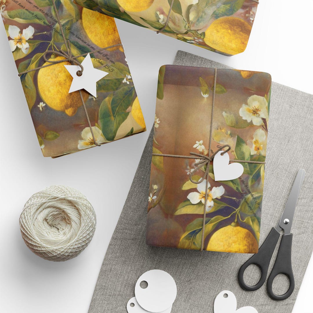 John 15:5 | Vintage Lemon Flower Gift Wrap With Scripture | Matte or ...