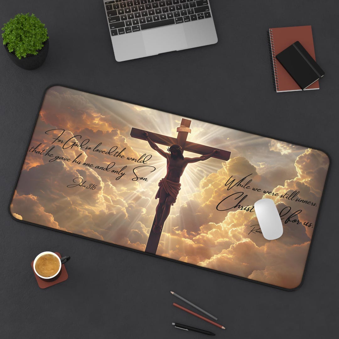 Christian Desk Mat With Scriptures, Jesus on the Cross Desk Mat, XL ...