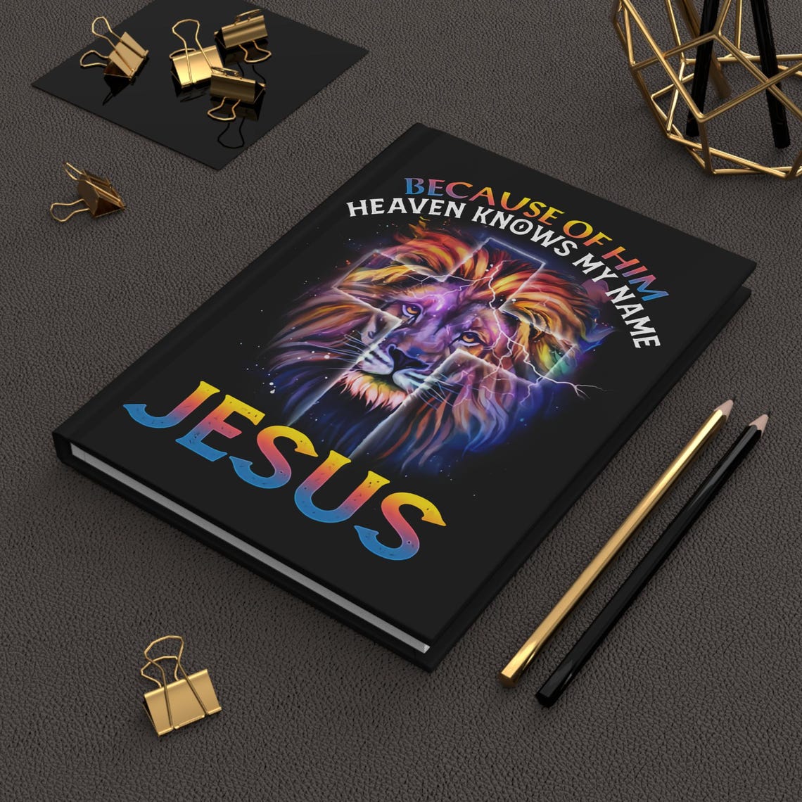 Colorful Lion of Judah & Jesus Cross Hardcover Journal, Because of Him ...