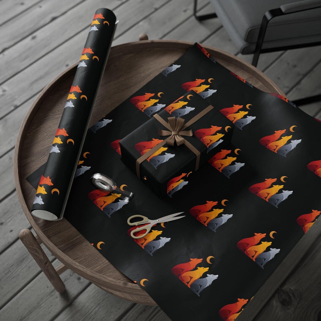 Minimalist Howling Wolves Gift Wrap | Elegant Crescent Moon and Nature ...