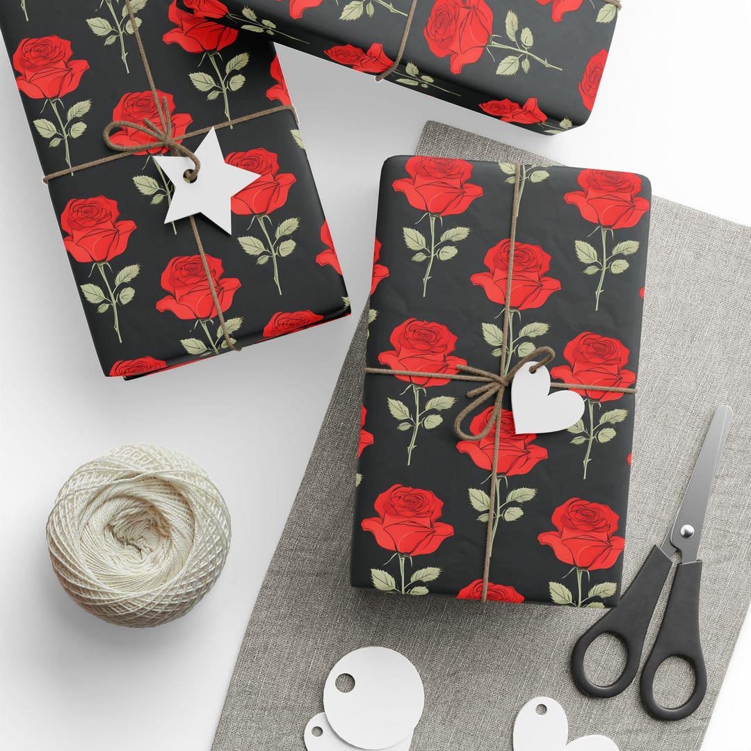 Elegant Red Roses Gift Wrap | Bold Floral Design on Black Background ...