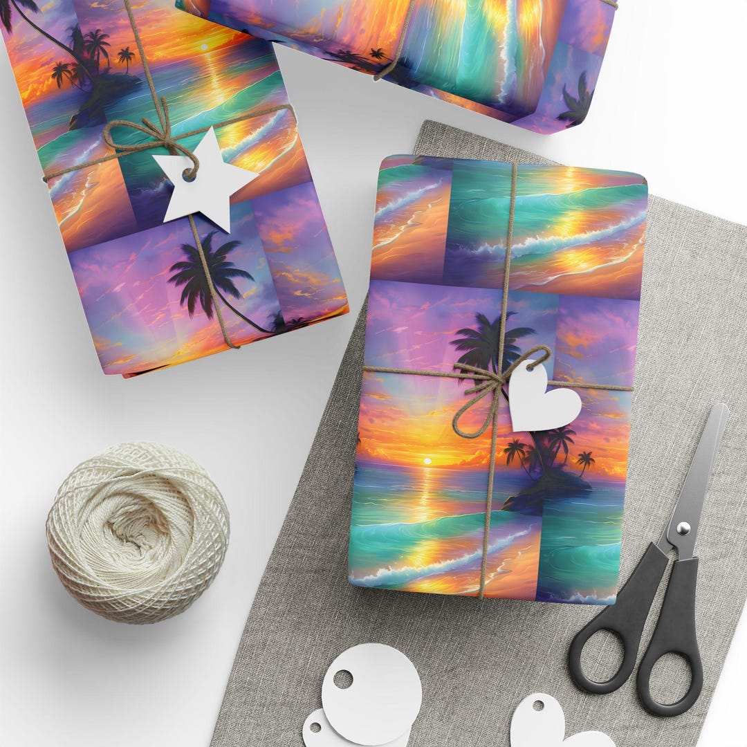 Tropical Paradise Sunset Wrapping Paper, Island Beach Gift Wrap, Palm ...