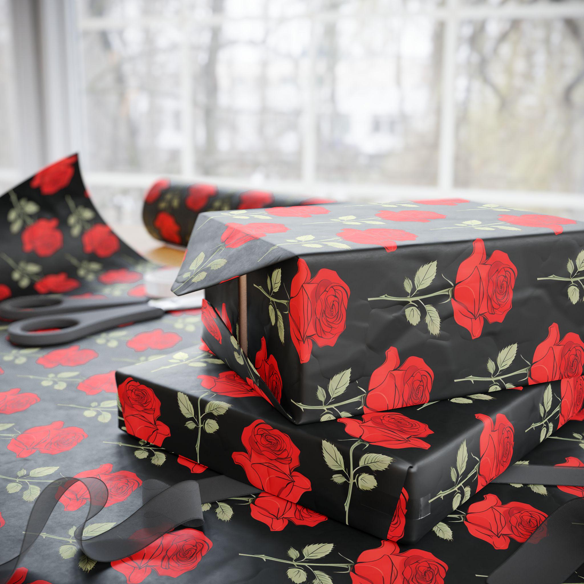 Elegant Red Roses Gift Wrap | Bold Floral Design on Black Background ...