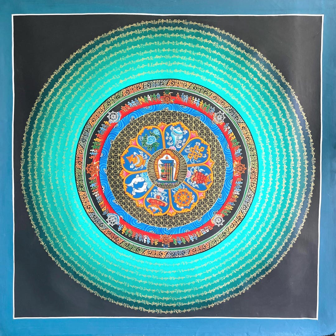 Kalachakra Mandala Thangka With Mantra – Auspicious Symbols | Tibetan ...