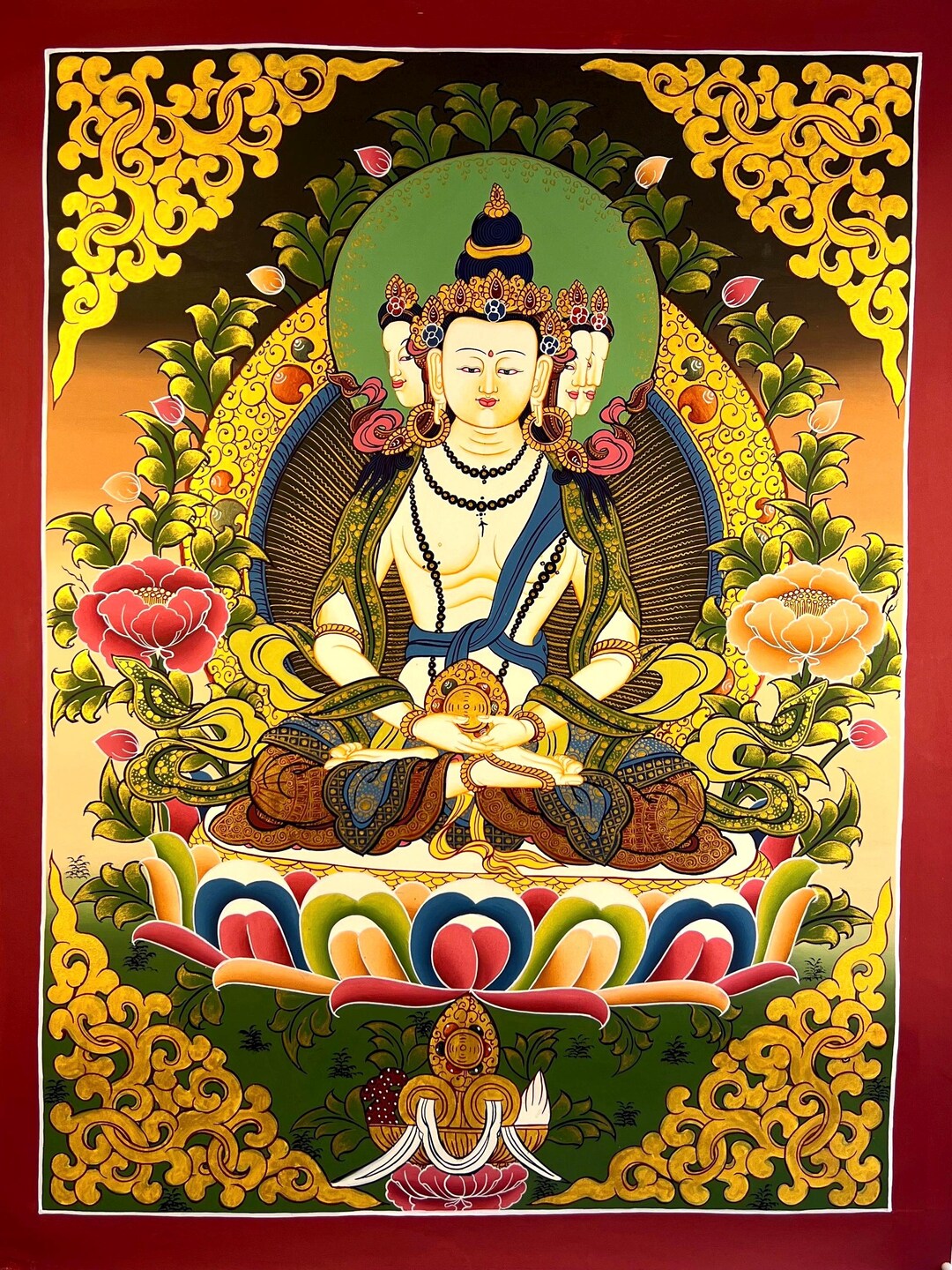 Rare White Amitayus Buddha Thangka – Hand-painted Tibetan Buddhist Art ...