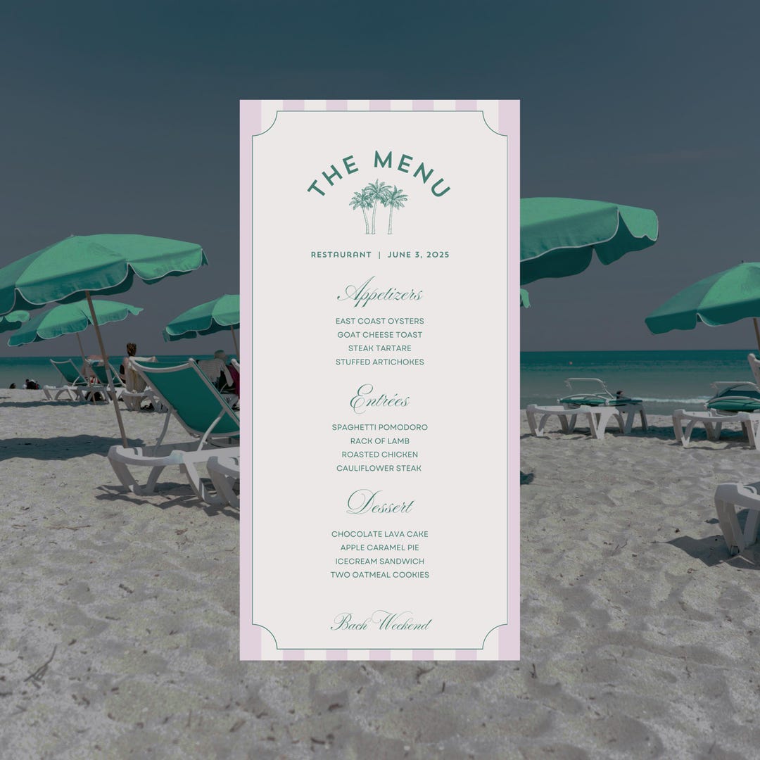 Restaurant Menu - Miami Florida Bachelorette Weekend Menu - Digital ...