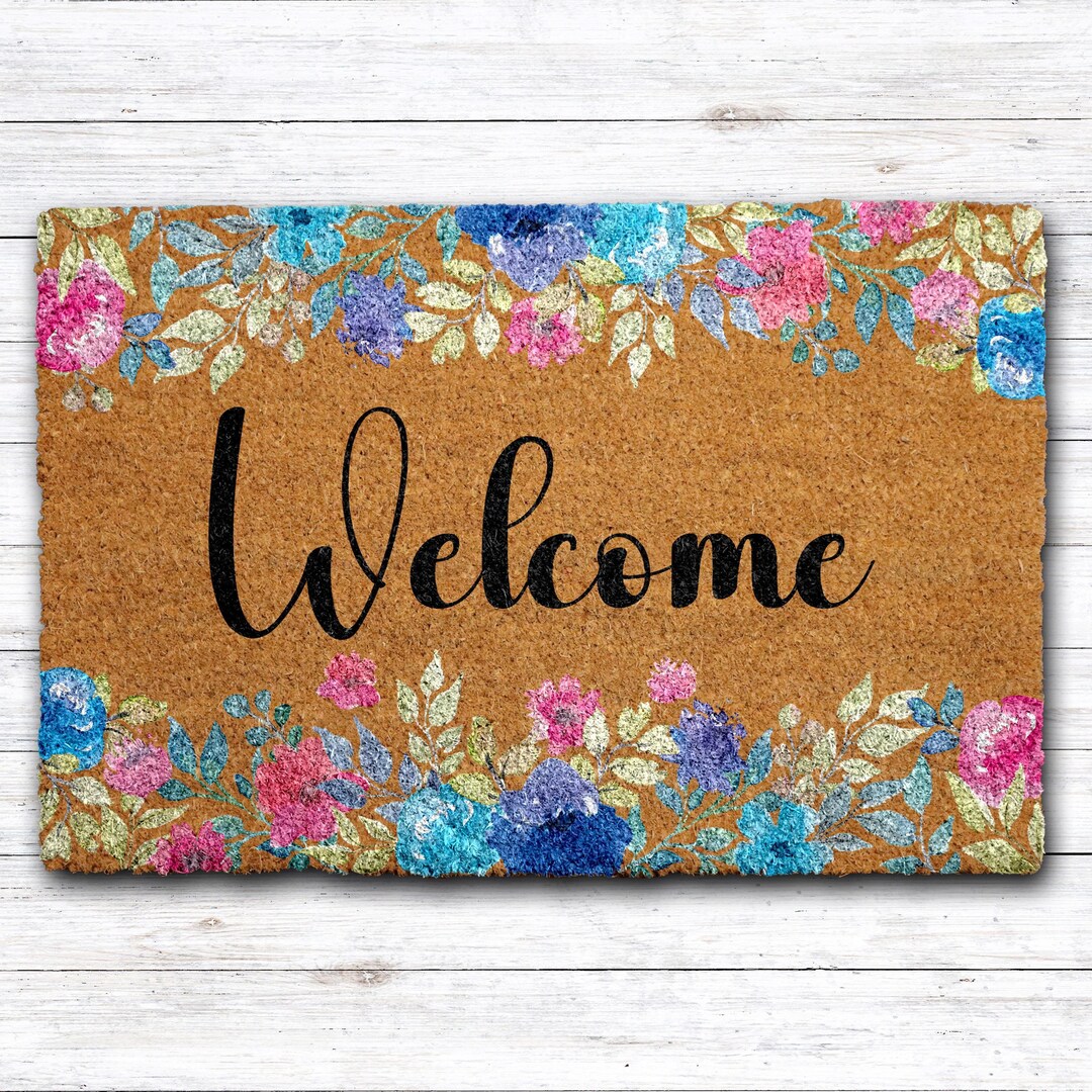 Blue Floral Welcome Mat, Wild Flower Design Coir Doormat, Spring ...