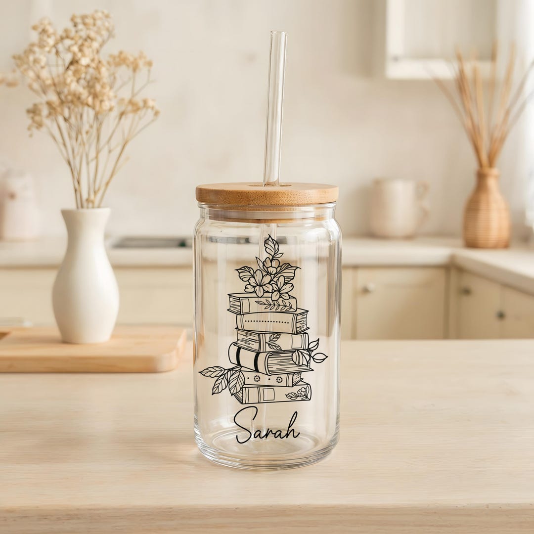Personalized Cottage Core Theme Bookish Can Glass Cup, Floral Line Art ...
