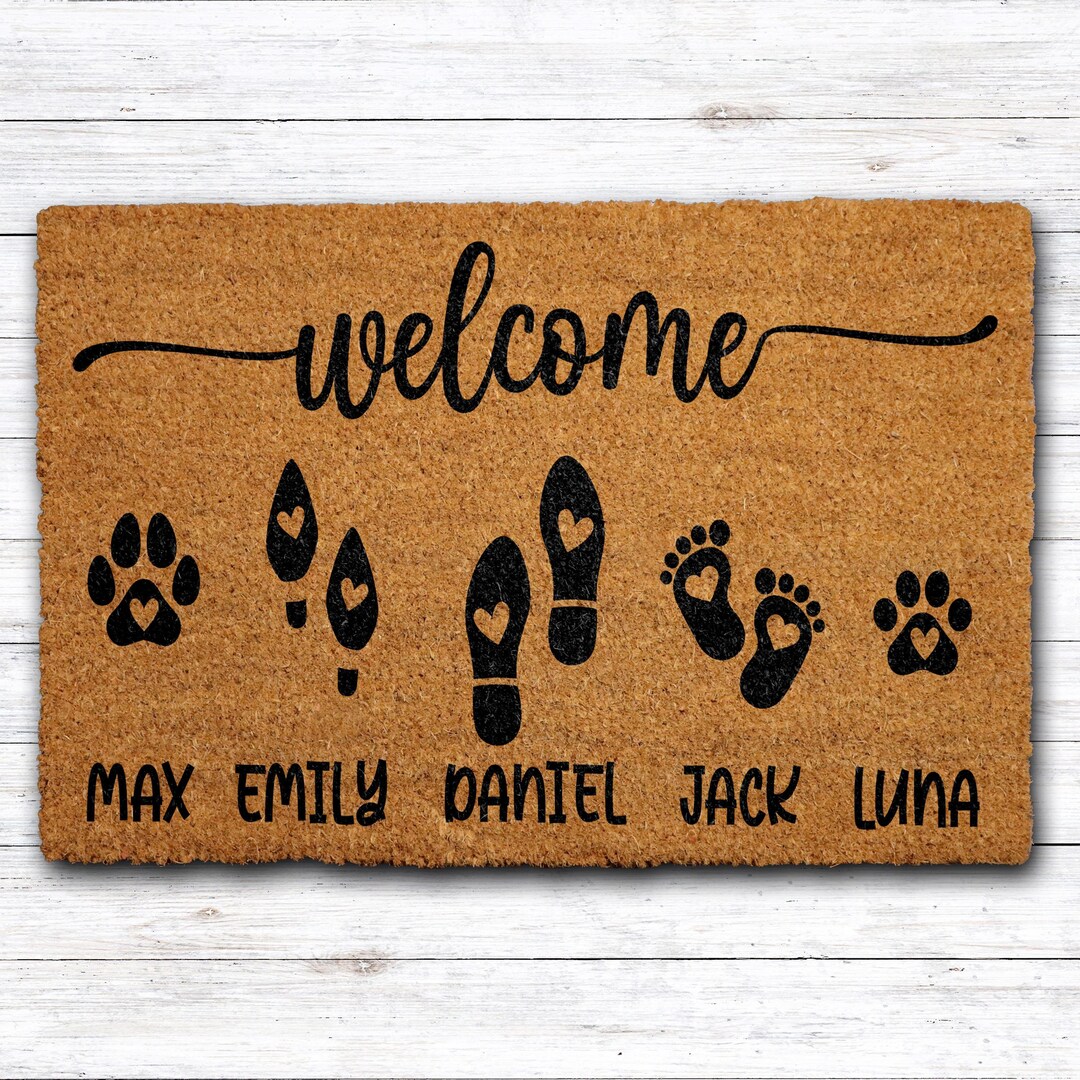 Personalized Pet Family Welcome Mat, Custom Name Footprints and Pet ...
