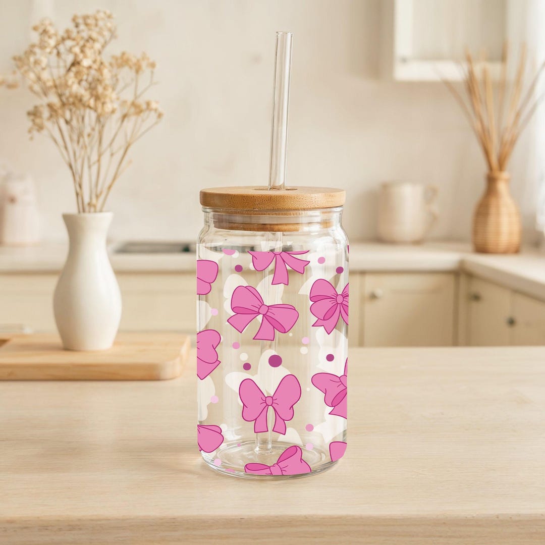 Fancy Pink Bows Glass Cup, Iced Coffee Cup With Coquettes on It, Ribbon ...