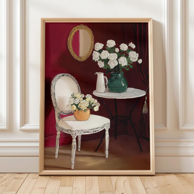 Floral Still Life Wall Art Vintage Room Decor White Roses Print Classic ...