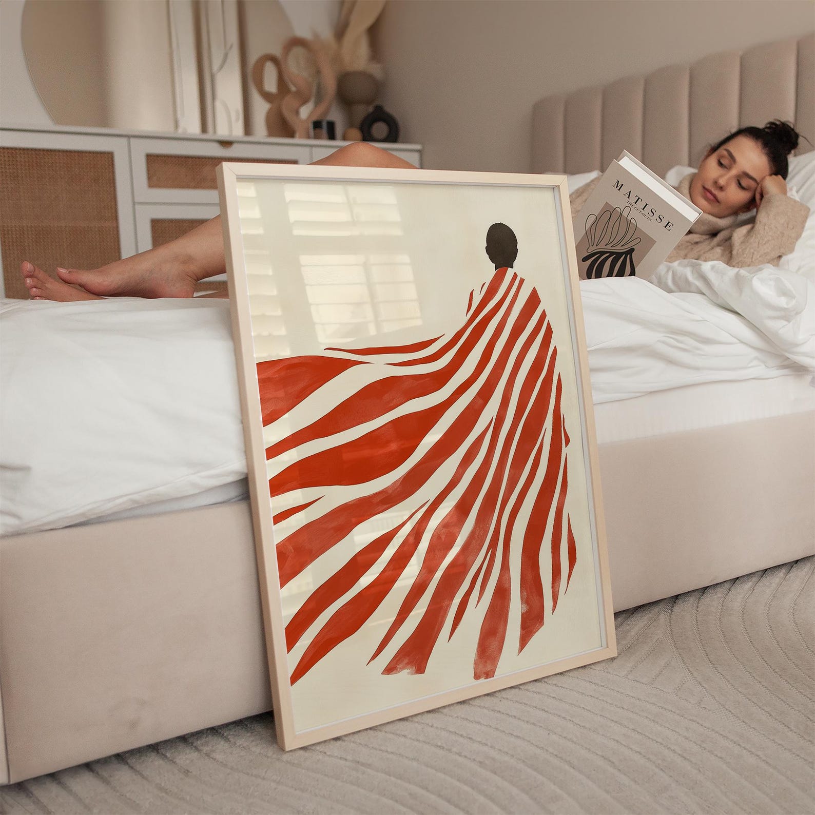 Red Striped Abstract Figure Print, Large Wall Art, Minimalist Modern ...