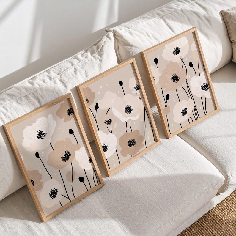 Beige Floral Wall Art Set Neutral Flower Triptych Modern Botanical ...