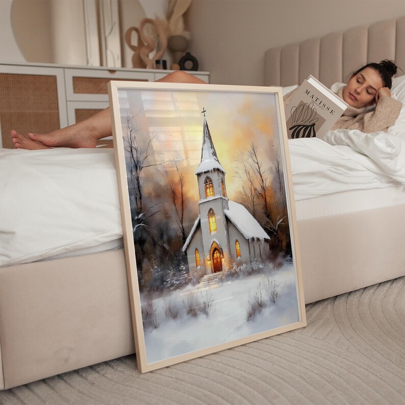 Snowy Winter Church Wall Art, Cozy Evening Chapel Wall Art, Christmas ...