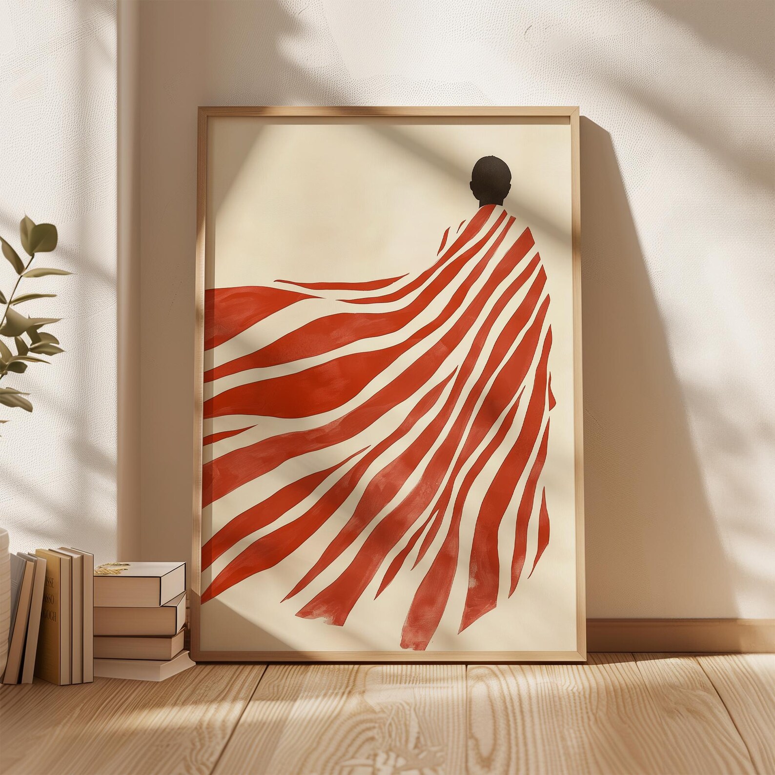 Red Striped Abstract Figure Print, Large Wall Art, Minimalist Modern ...