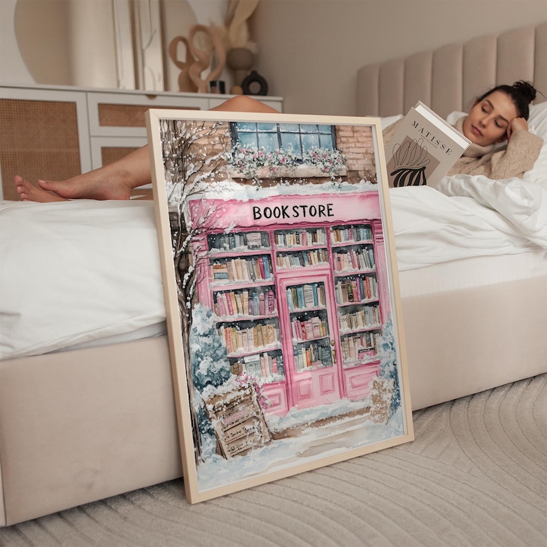 Snowy Pink Bookstore Wall Art, Cozy Bookshop Print, Bookish Winter ...