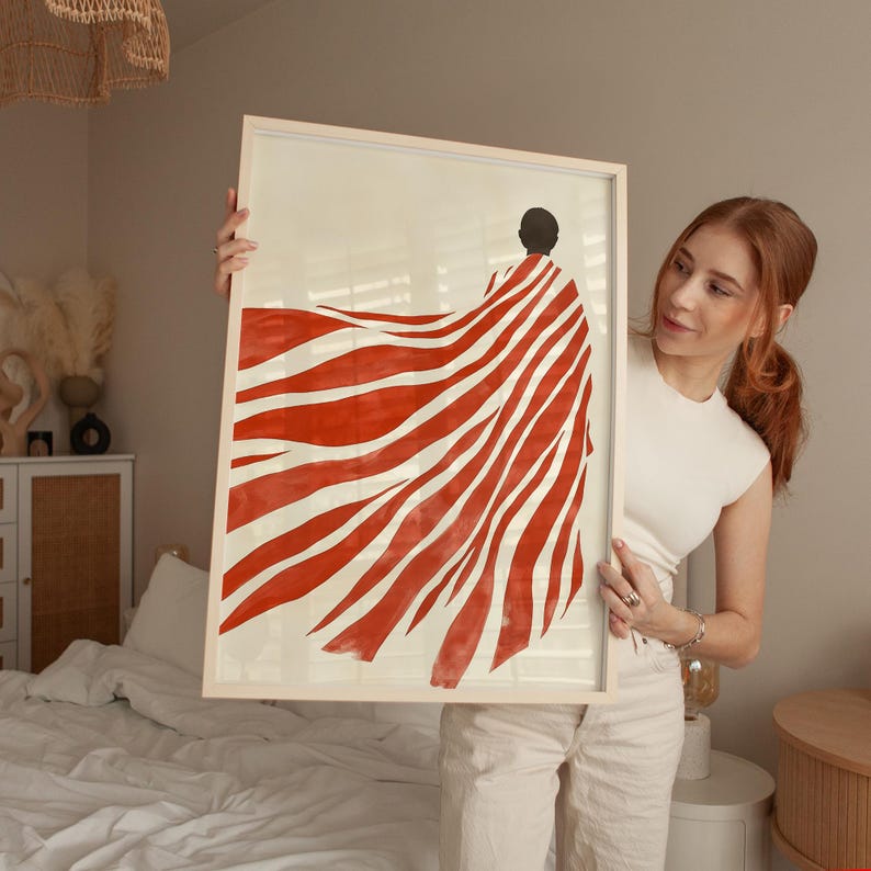 Red Striped Abstract Figure Print, Large Wall Art, Minimalist Modern ...