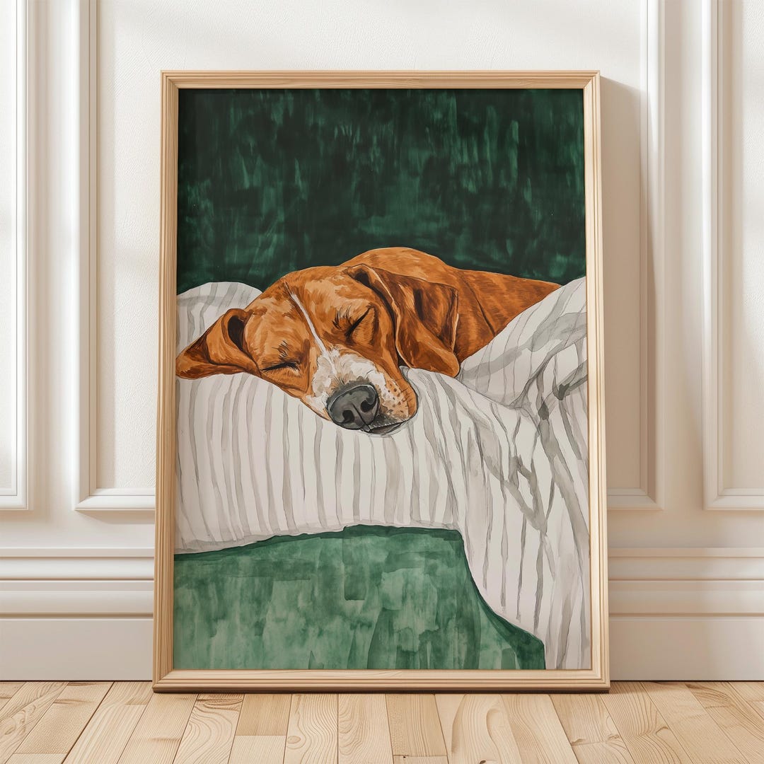 Sleeping Dog Art Print, Relaxing Dog on Striped Blanket, Emerald Green ...