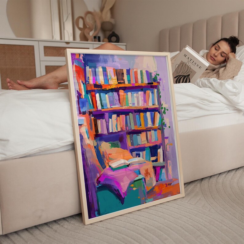Colorful Abstract Bookshelf Art | Vibrant Reading Corner Digital Print ...