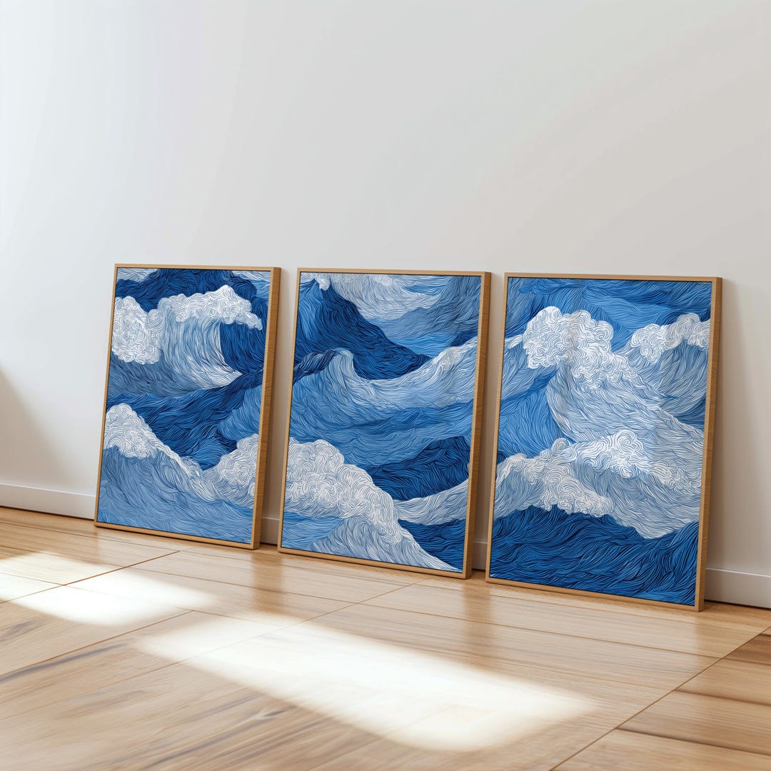 Ocean Wave Wall Art Set Blue Sea Digital Prints Coastal Triptych Poster ...