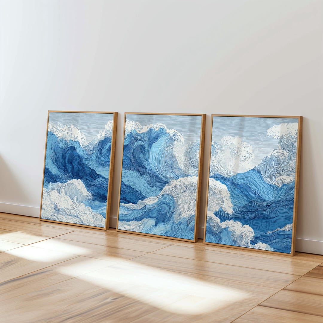 Wave Art Triptych Blue Ocean Print Set | Coastal Wall Art | Sea Waves ...