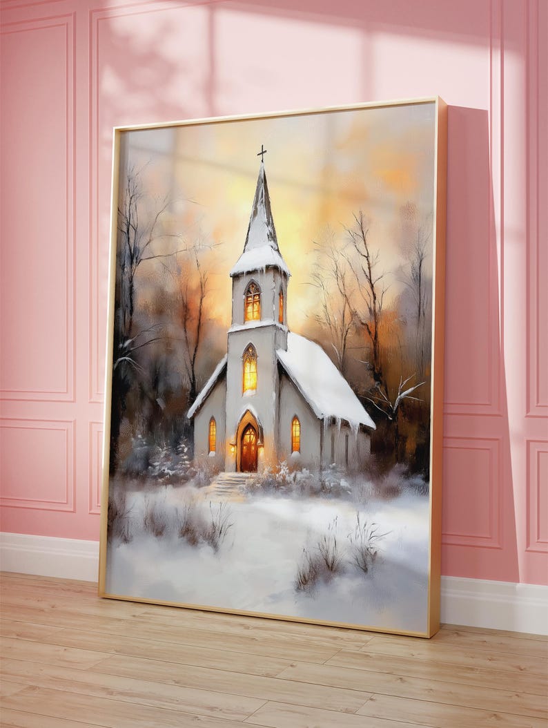 Snowy Winter Church Wall Art, Cozy Evening Chapel Wall Art, Christmas ...