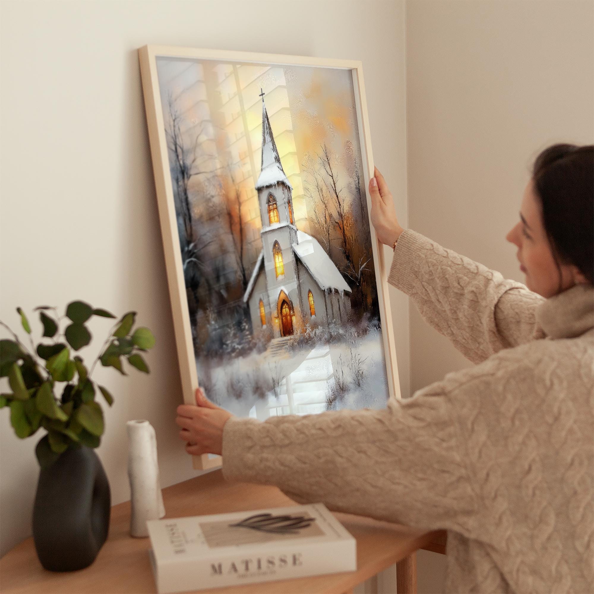 Snowy Winter Church Wall Art, Cozy Evening Chapel Wall Art, Christmas ...